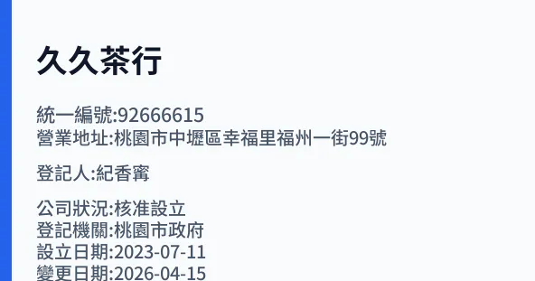 久久茶行的照片-統編 92666615(桃園市) 公司登記資料與營業項目詳細圖表