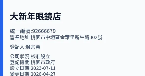 大新年眼鏡店的照片-統編 92666679(桃園市) 公司登記資料與營業項目詳細圖表