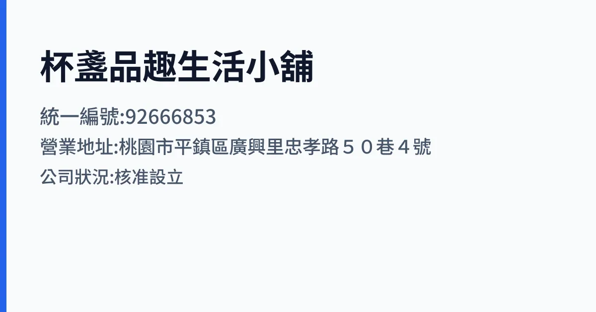 杯盞品趣生活小舖 - 統編 92666853(桃園市) 公司登記資料與營業項目詳細圖表