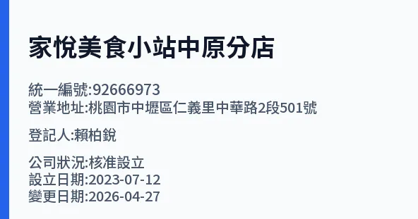 家悅美食小站中原分店的照片-統編 92666973(桃園市) 公司登記資料與營業項目詳細圖表