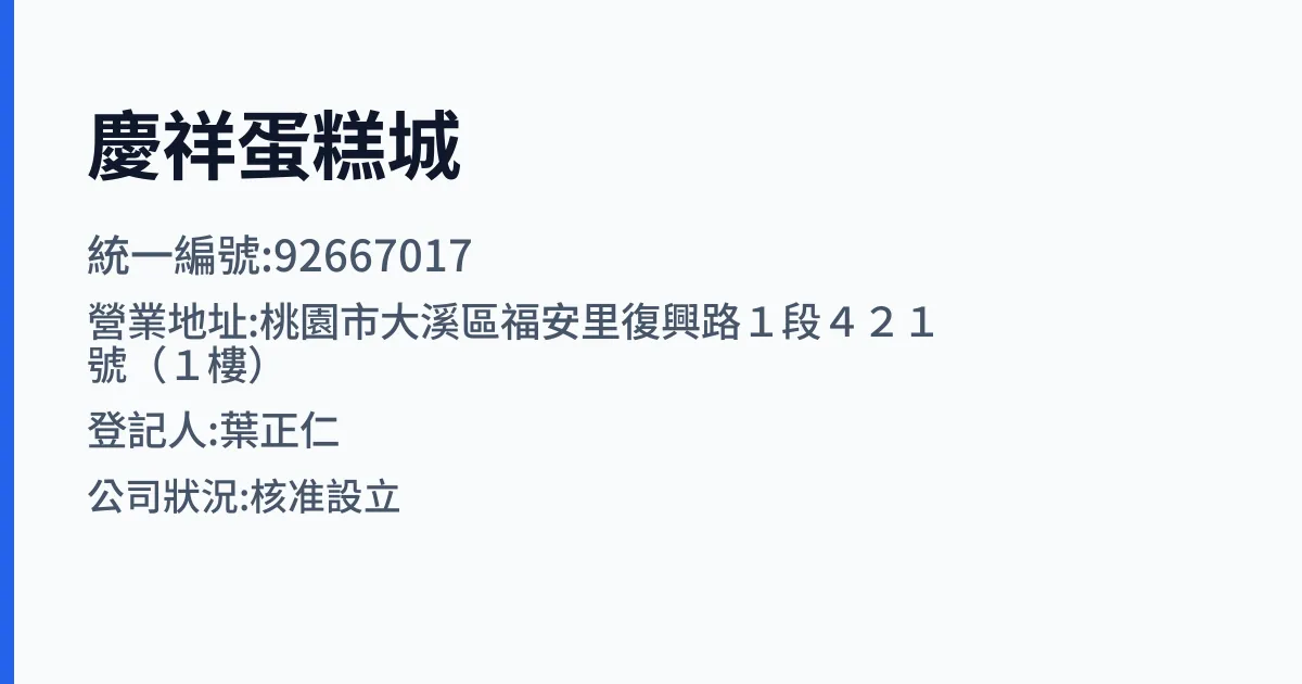 慶祥蛋糕城 - 統編 92667017(桃園市) 公司登記資料與營業項目詳細圖表