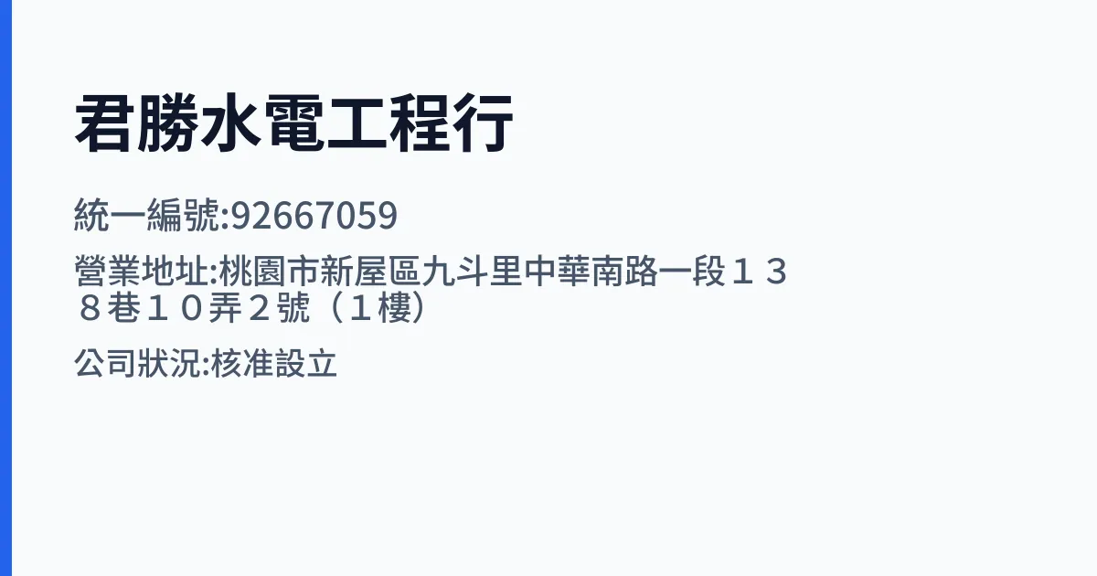 君勝水電工程行 - 統編 92667059(桃園市) 公司登記資料與營業項目詳細圖表