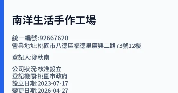 南洋生活手作工場的照片-統編 92667620(桃園市) 公司登記資料與營業項目詳細圖表