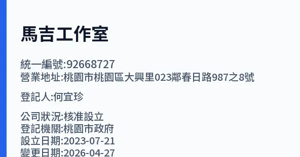 馬吉工作室的照片-統編 92668727(桃園市) 公司登記資料與營業項目詳細圖表