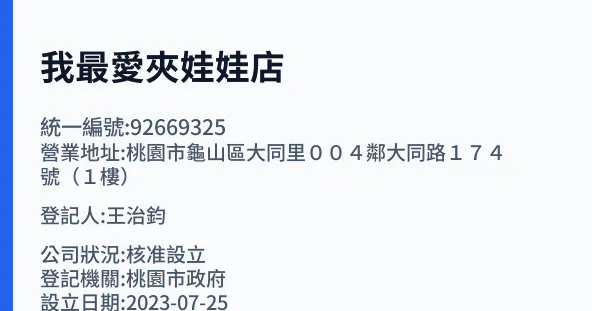 我最愛夾娃娃店的照片-統編 92669325(桃園市) 公司登記資料與營業項目詳細圖表
