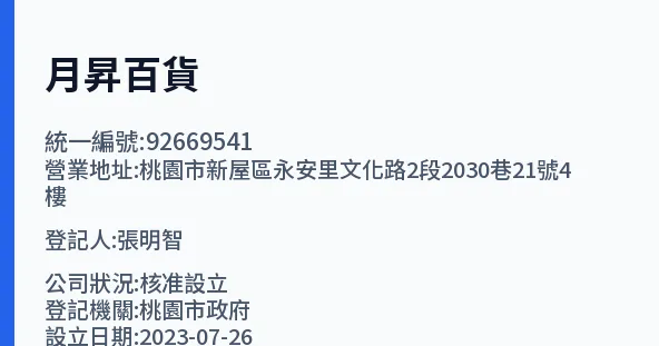 月昇百貨的照片-統編 92669541(桃園市) 公司登記資料與營業項目詳細圖表