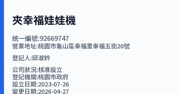 夾幸福娃娃機的照片-統編 92669747(桃園市) 公司登記資料與營業項目詳細圖表
