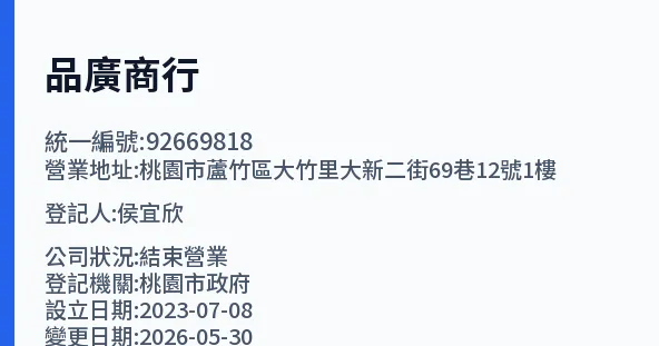 品廣商行的照片-統編 92669818(桃園市) 公司登記資料與營業項目詳細圖表