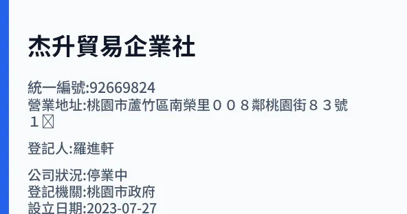 杰升貿易企業社的照片-統編 92669824(桃園市) 公司登記資料與營業項目詳細圖表