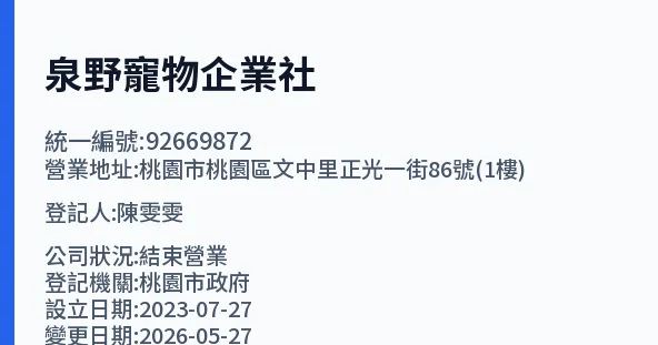 泉野寵物企業社的照片-統編 92669872(桃園市) 公司登記資料與營業項目詳細圖表