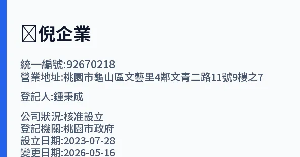 婲倪企業的照片-統編 92670218(桃園市) 公司登記資料與營業項目詳細圖表