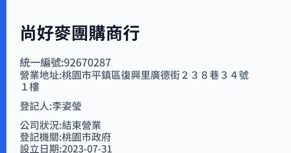 尚好麥團購商行的照片-統編 92670287(桃園市) 公司登記資料與營業項目詳細圖表