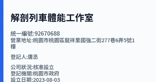 解剖列車體能工作室的照片-統編 92670688(桃園市) 公司登記資料與營業項目詳細圖表