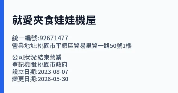 就愛夾食娃娃機屋的照片-統編 92671477(桃園市) 公司登記資料與營業項目詳細圖表