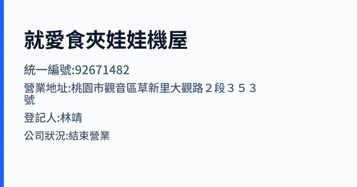 就愛食夾娃娃機屋 - 統編 92671482(桃園市) 公司登記資料與營業項目詳細圖表