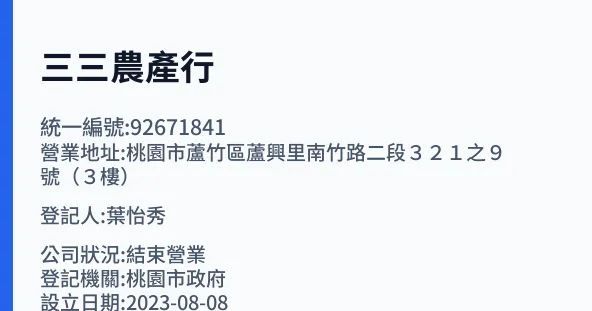 三三農產行的照片-統編 92671841(桃園市) 公司登記資料與營業項目詳細圖表