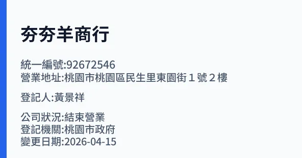 夯夯羊商行的照片-統編 92672546(桃園市) 公司登記資料與營業項目詳細圖表