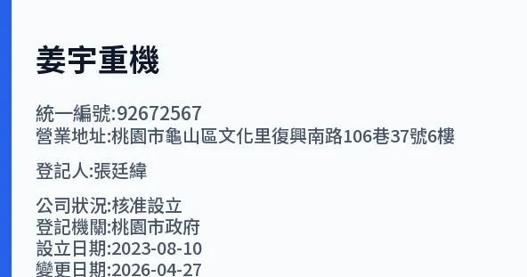姜宇重機的照片-統編 92672567(桃園市) 公司登記資料與營業項目詳細圖表