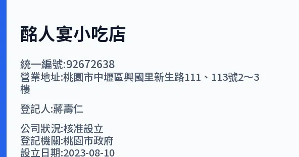 酩人宴小吃店的照片-統編 92672638(桃園市) 公司登記資料與營業項目詳細圖表