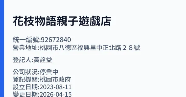 花枝物語親子遊戲店的照片-統編 92672840(桃園市) 公司登記資料與營業項目詳細圖表