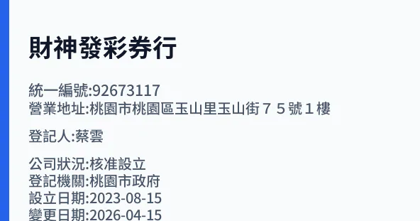財神發彩券行的照片-統編 92673117(桃園市) 公司登記資料與營業項目詳細圖表