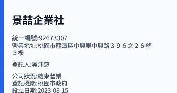 景喆企業社的照片-統編 92673307(桃園市) 公司登記資料與營業項目詳細圖表
