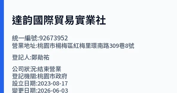 達韵國際貿易實業社的照片-統編 92673952(桃園市) 公司登記資料與營業項目詳細圖表