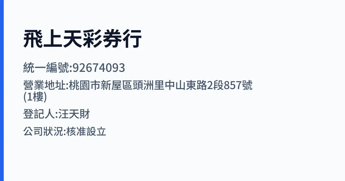 飛上天彩券行 - 統編 92674093(桃園市) 公司登記資料與營業項目詳細圖表