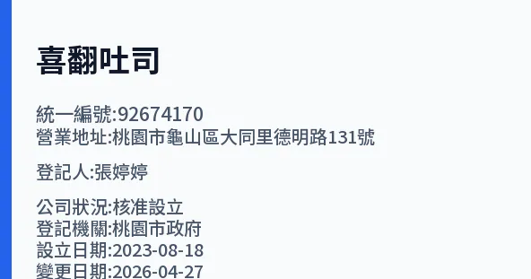 喜翻吐司的照片-統編 92674170(桃園市) 公司登記資料與營業項目詳細圖表