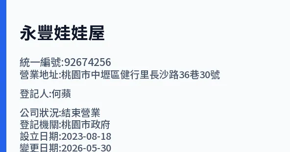永豐娃娃屋的照片-統編 92674256(桃園市) 公司登記資料與營業項目詳細圖表