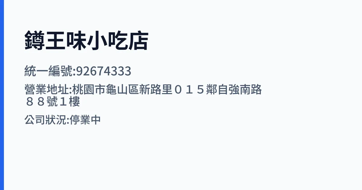 鐏王味小吃店 - 統編 92674333(桃園市) 公司登記資料與營業項目詳細圖表