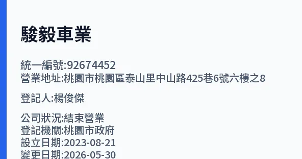 駿毅車業的照片-統編 92674452(桃園市) 公司登記資料與營業項目詳細圖表
