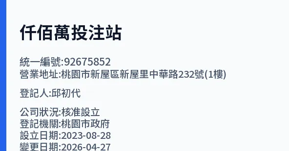 仟佰萬投注站的照片-統編 92675852(桃園市) 公司登記資料與營業項目詳細圖表