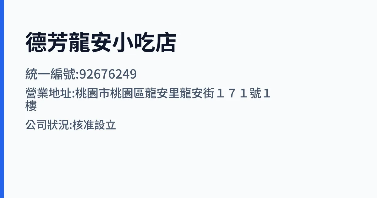 德芳龍安小吃店 - 統編 92676249(桃園市) 公司登記資料與營業項目詳細圖表
