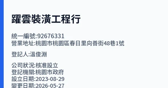 躍雲裝潢工程行的照片-統編 92676331(桃園市) 公司登記資料與營業項目詳細圖表