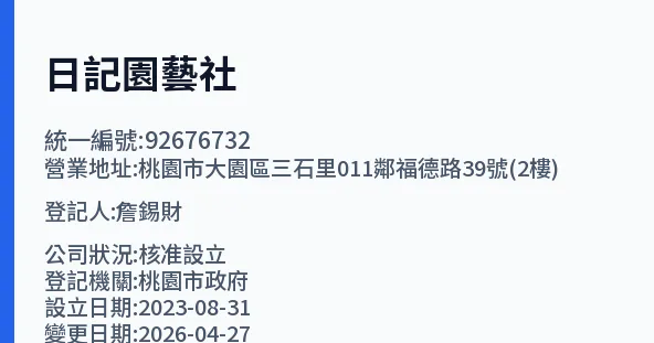 日記園藝社的照片-統編 92676732(桃園市) 公司登記資料與營業項目詳細圖表