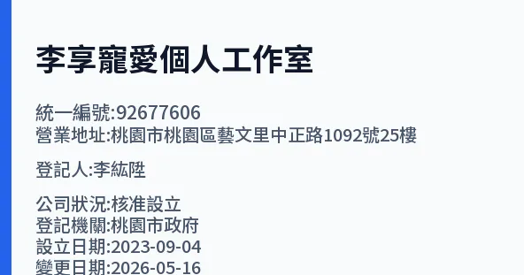 李享寵愛個人工作室的照片-統編 92677606(桃園市) 公司登記資料與營業項目詳細圖表