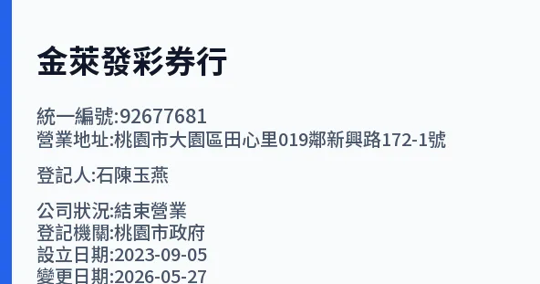 金萊發彩券行的照片-統編 92677681(桃園市) 公司登記資料與營業項目詳細圖表