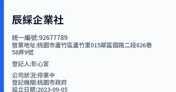 辰綵企業社的照片-統編 92677789(桃園市) 公司登記資料與營業項目詳細圖表