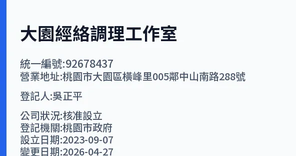 大園經絡調理工作室的照片-統編 92678437(桃園市) 公司登記資料與營業項目詳細圖表