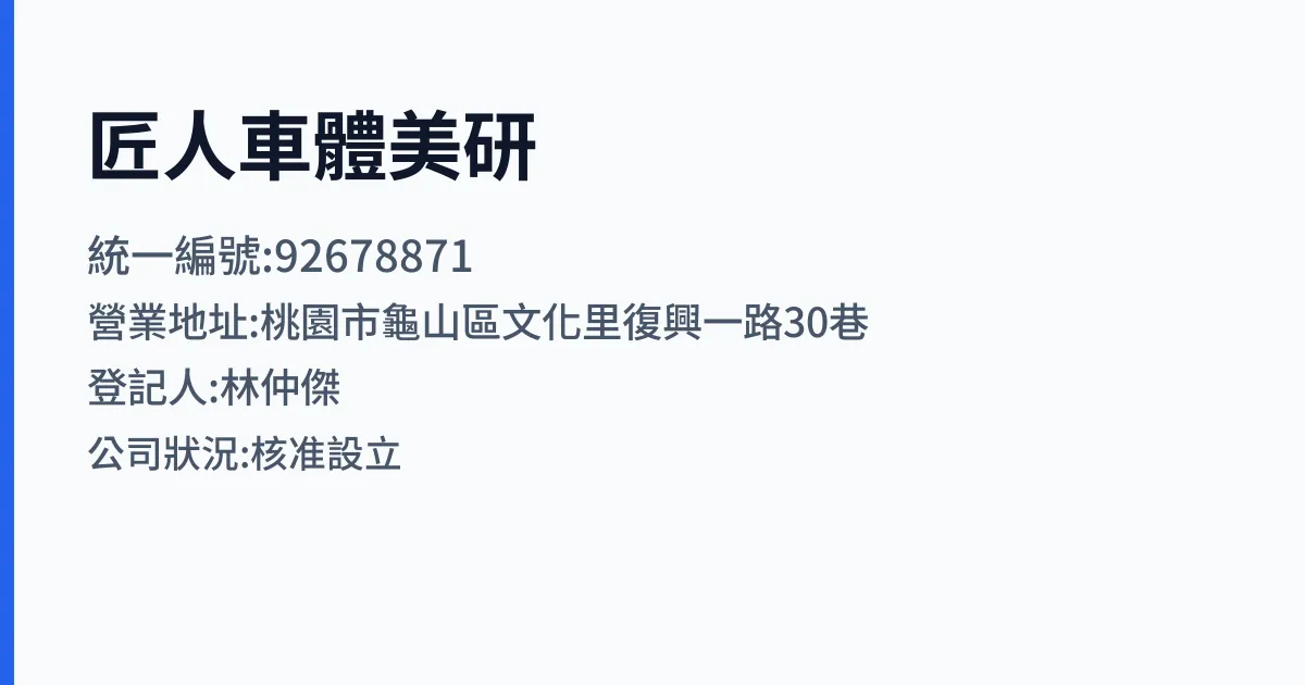 匠人車體美研 - 統編 92678871(桃園市) 公司登記資料與營業項目詳細圖表