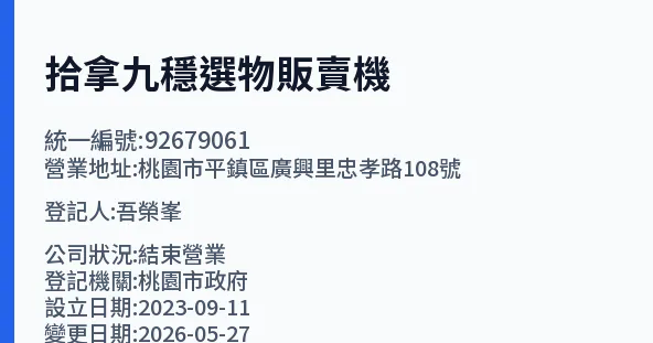 拾拿九穩選物販賣機的照片-統編 92679061(桃園市) 公司登記資料與營業項目詳細圖表