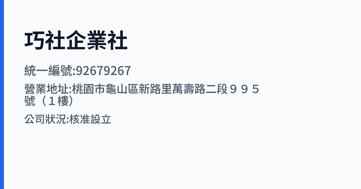 巧社企業社 - 統編 92679267(桃園市) 公司登記資料與營業項目詳細圖表