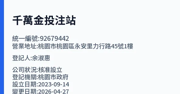 千萬金投注站的照片-統編 92679442(桃園市) 公司登記資料與營業項目詳細圖表