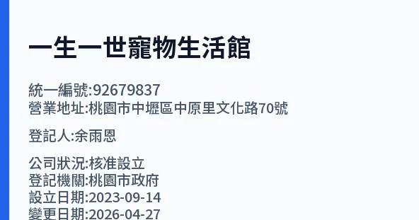 一生一世寵物生活館的照片-統編 92679837(桃園市) 公司登記資料與營業項目詳細圖表