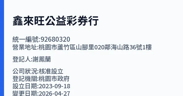 鑫來旺公益彩券行的照片-統編 92680320(桃園市) 公司登記資料與營業項目詳細圖表