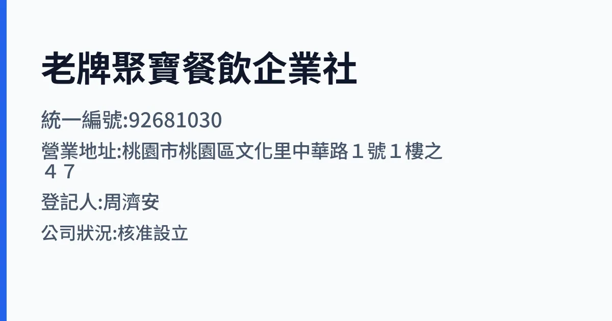 老牌聚寶餐飲企業社 - 統編 92681030(桃園市) 公司登記資料與營業項目詳細圖表