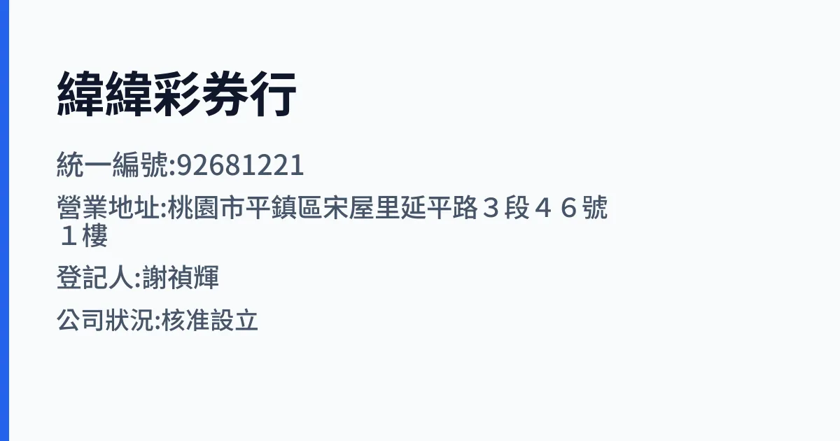 緯緯彩券行 - 統編 92681221(桃園市) 公司登記資料與營業項目詳細圖表