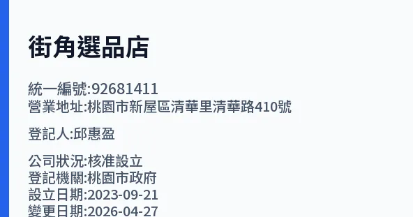 街角選品店的照片-統編 92681411(桃園市) 公司登記資料與營業項目詳細圖表