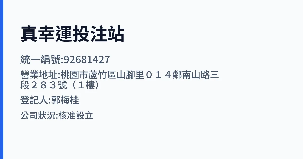 真幸運投注站 - 統編 92681427(桃園市) 公司登記資料與營業項目詳細圖表